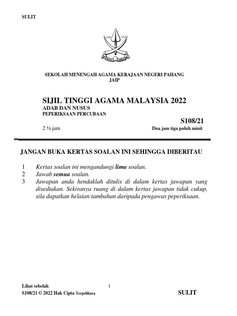 Adab Nusus Percubaan Stam 2022 Pahang | PDF
