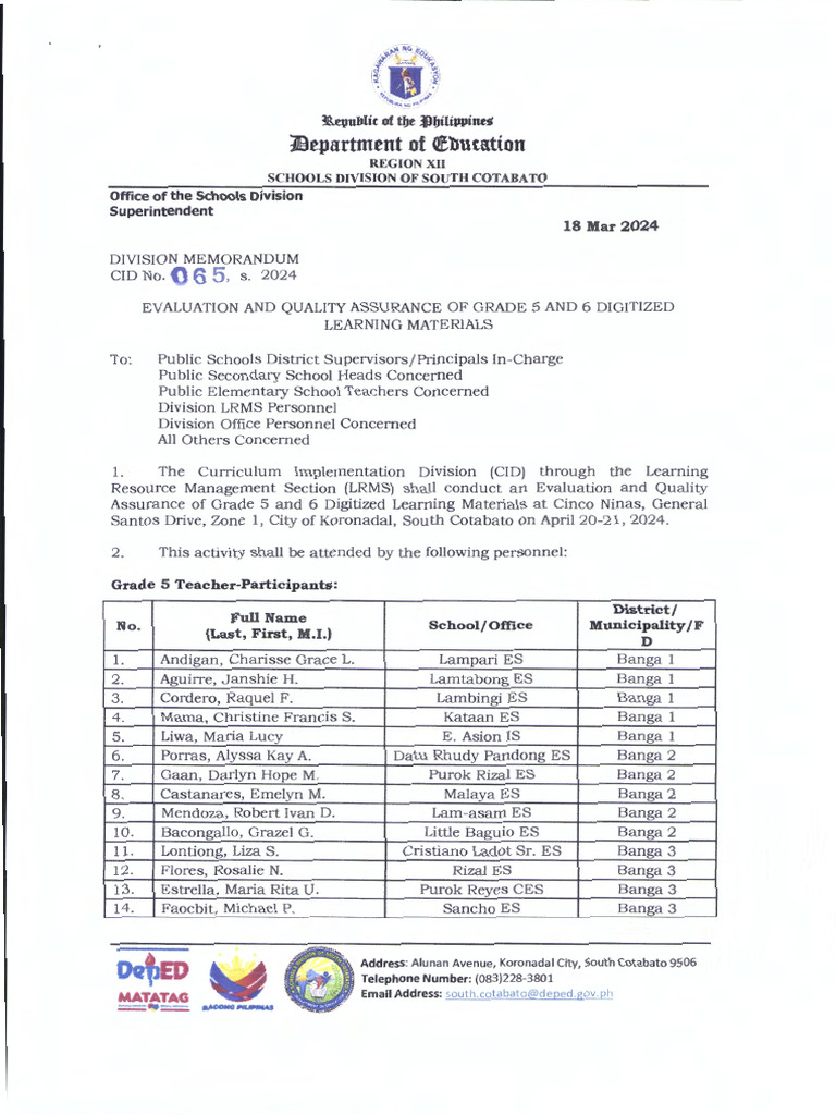 DM Cid No. 065 S. 2024 Evaluation and Quality Assurance of Grade 5 and ... DM Cid No. 065 S. 2024 Evaluation and Quality Assurance of Grade 5 and ...