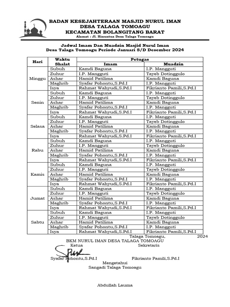 Jadwal Iman Dan Muadzin 2024 | PDF