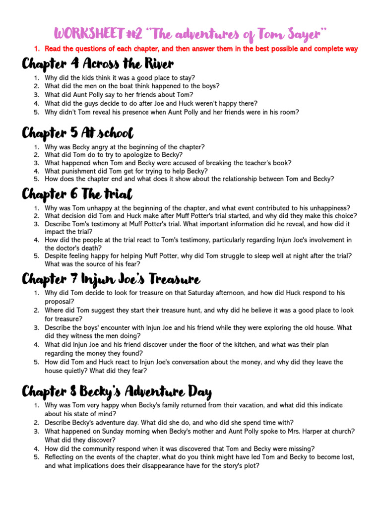WORKSHEET #2 'The Adventures of Tom Sawyer' | PDF | The Adventures Of ...
