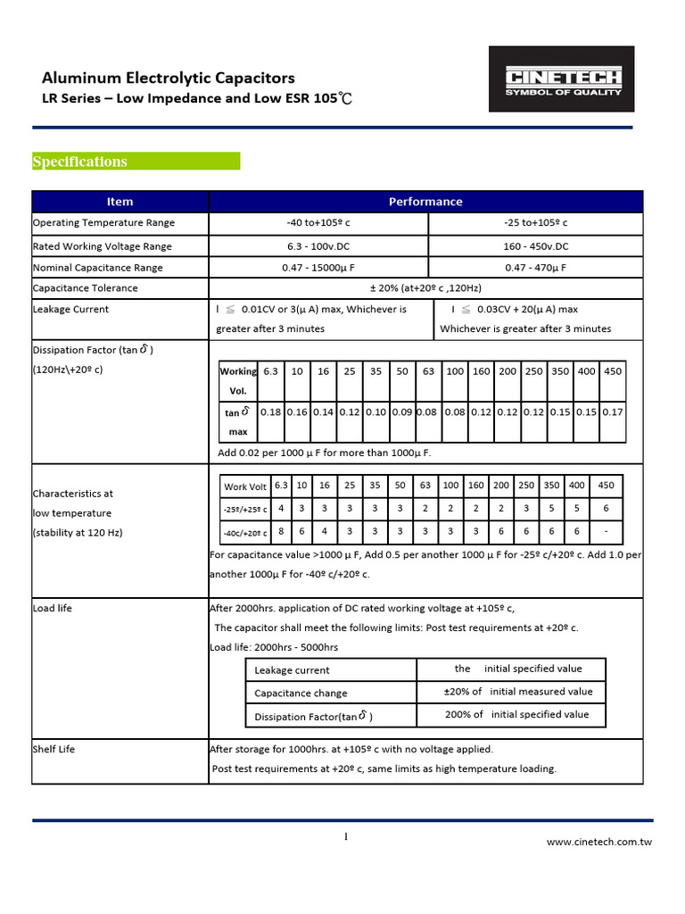 Cinetech (Radial Thru-Hole) LR Series | PDF | Capacitor | Electronics