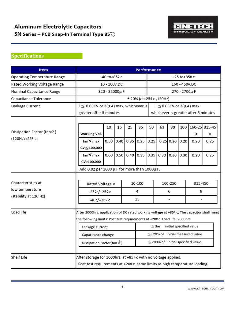 Cinetech (Snap-In) SN Series | PDF | Capacitor | Electronic Engineering