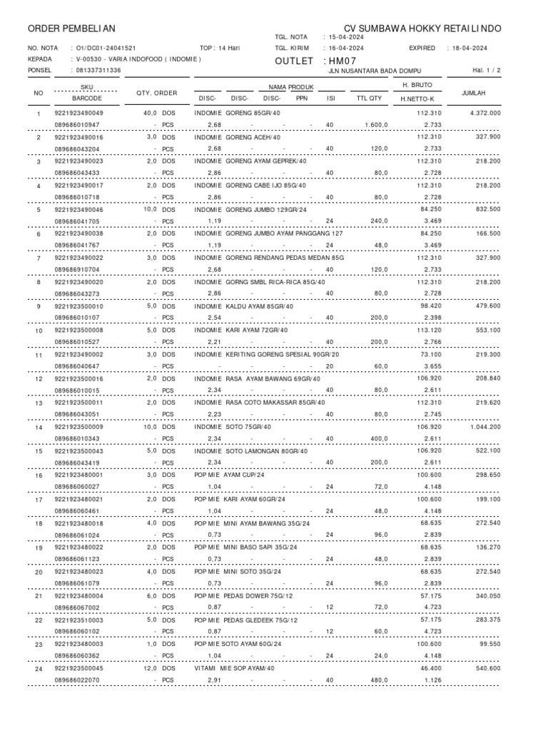 Orderan Indomie Holly Dompu 15042024 | PDF
