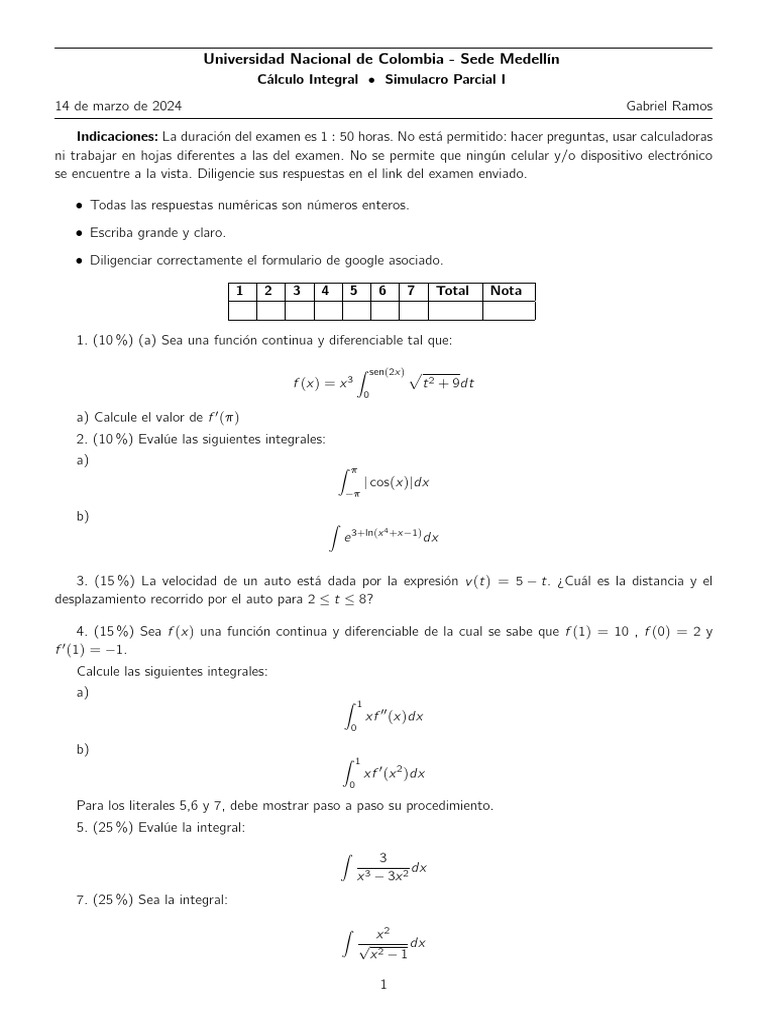 CÃ¡lculo Integral Simulacro Parcial 1 | PDF | Integral | Cálculo