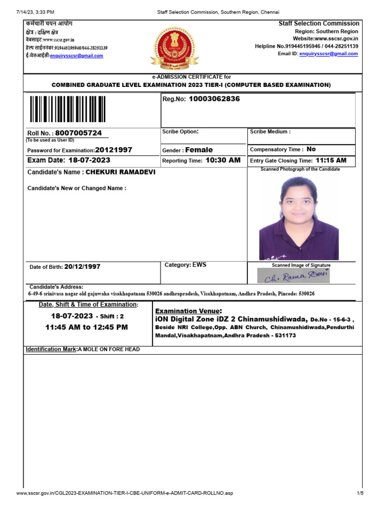 Staff Selection Commission, Southern Region, Chennai | PDF | Identity Document | Authentication
