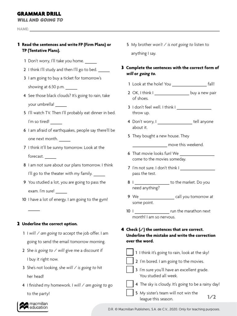 Grammar Drill 12 Will and Going To | PDF