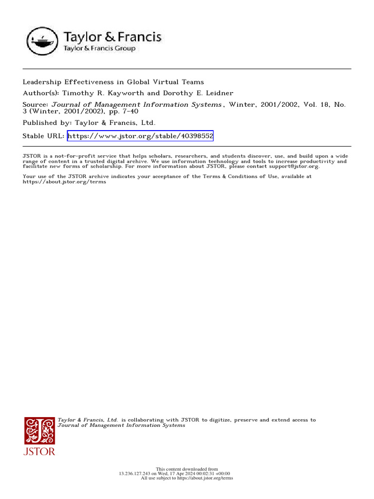 08 - Kayworth LeadershipEffectivenessGlobal 2001 | PDF | Leadership ...