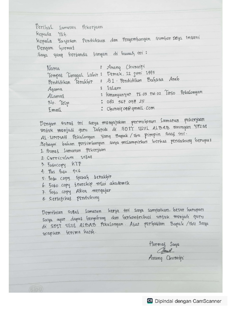 Surat Lamaran Sdit | PDF