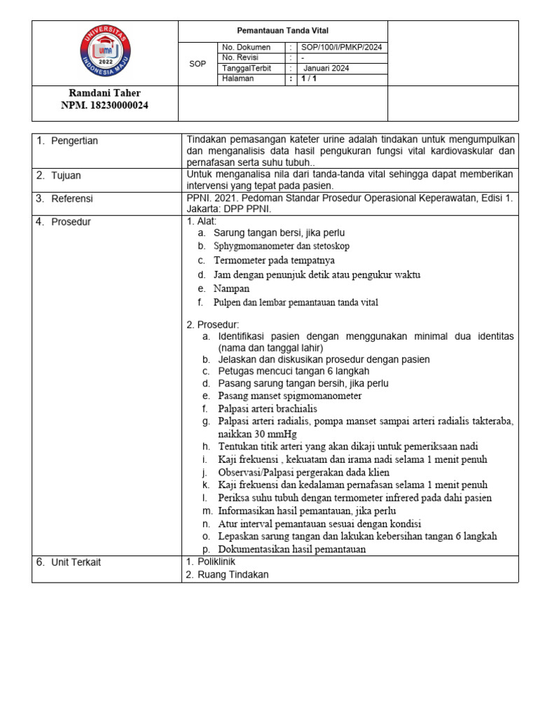 SOP Pemantauan TTV | PDF