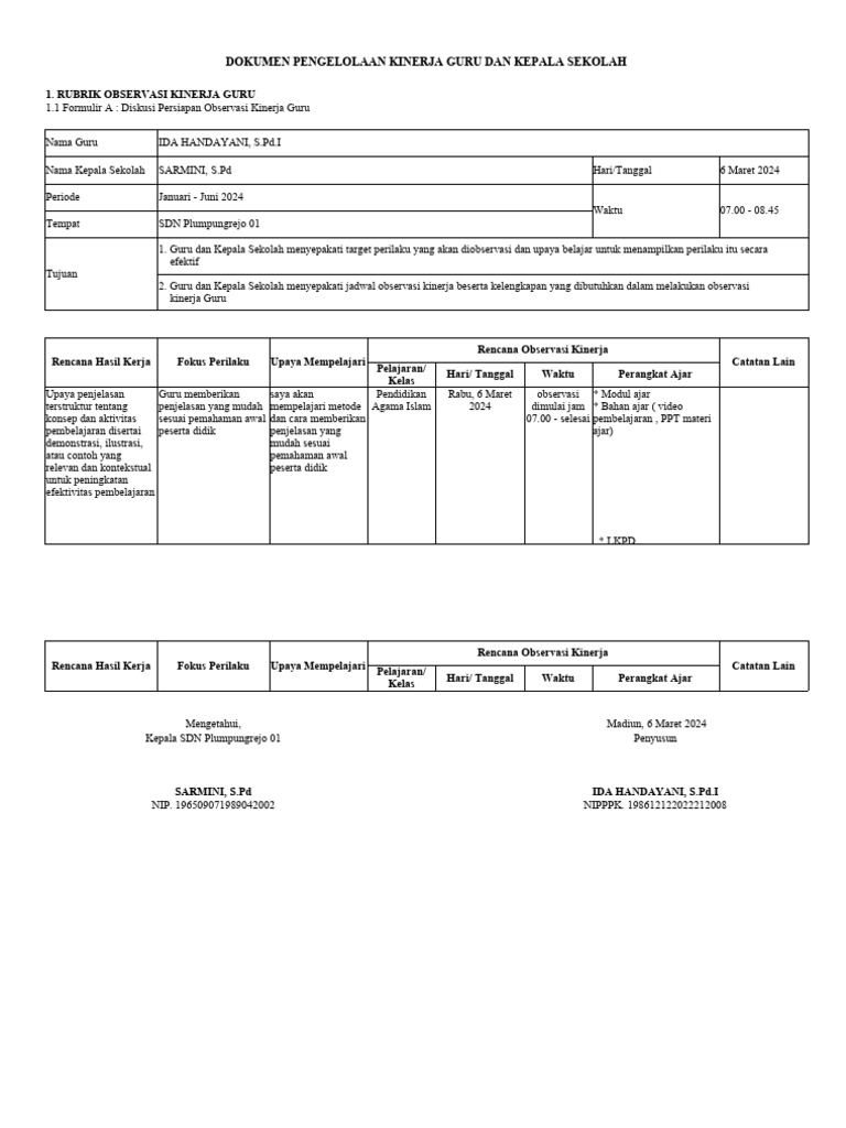 Form Observasi Guru (Form A - D) IDA | PDF