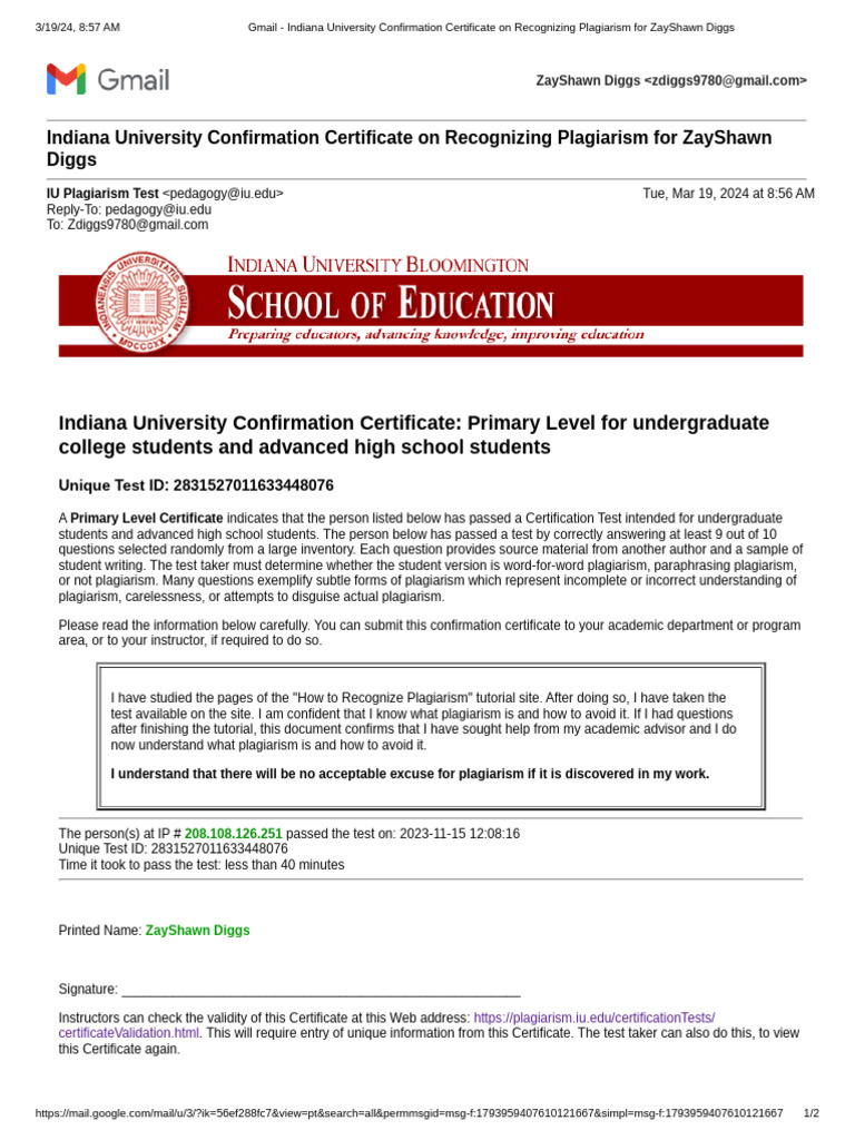 Indiana University Confirmation Certificate On Recognizing Plagiarism ...