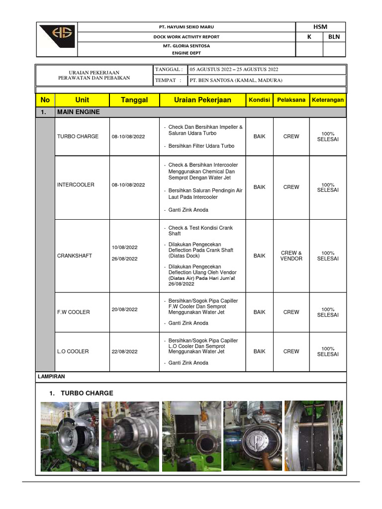 Laporan Kerja Dock - Engine Dept | PDF | Vehicle Parts | Rotating Machines