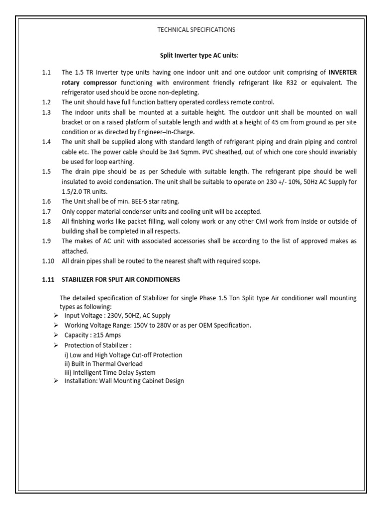 Split - AC Technical Specifications | PDF | Air Conditioning | Power ...