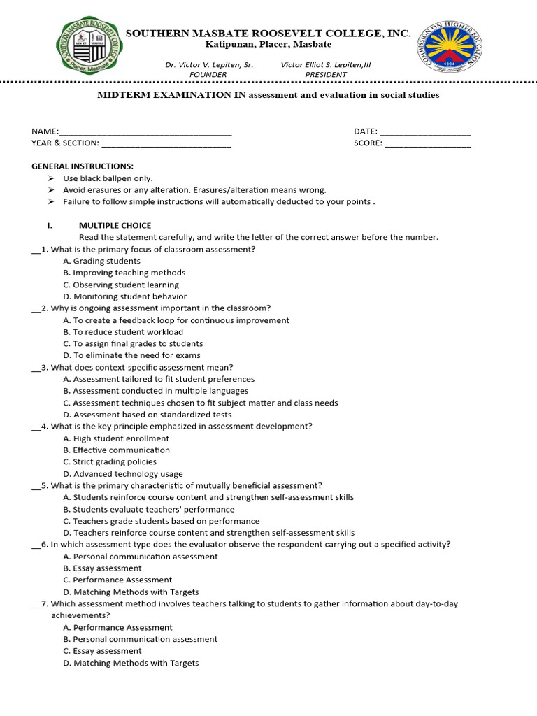 Assessment and Evaluation Midterm Exam | PDF | Educational Assessment | Validity (Statistics)