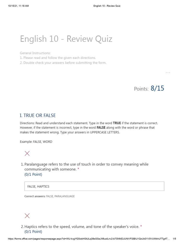 English 10 - Review Quiz | PDF | English Language | Human Communication