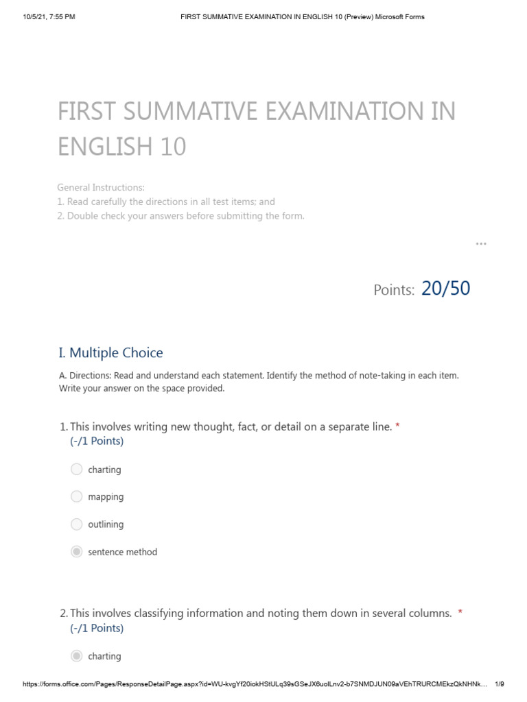 First Summative Examination in English 10 (Preview) Microsoft Forms ...