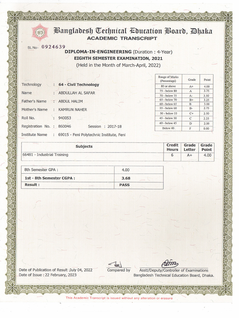 8th Semester Transcript - Abdullah Al Safar | PDF