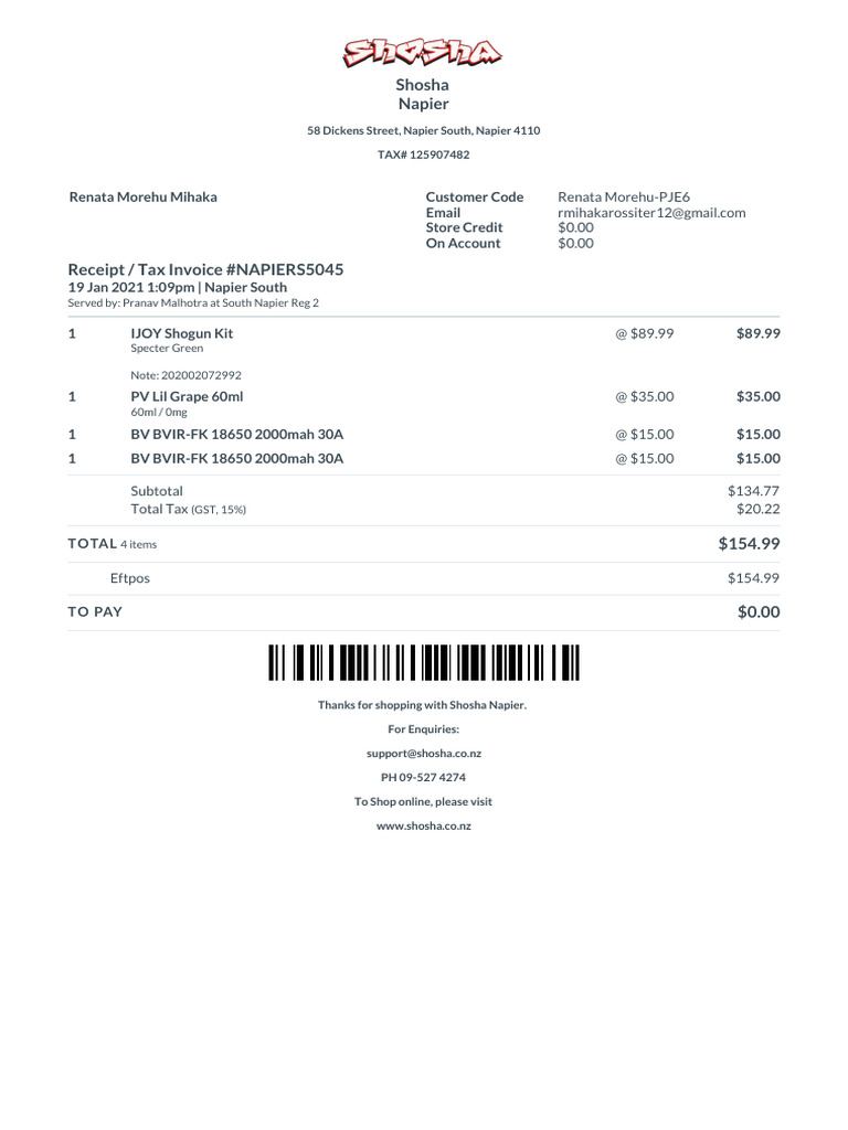 Shosha Napier Receipt - Jan 2021 | PDF | Payments | Taxes