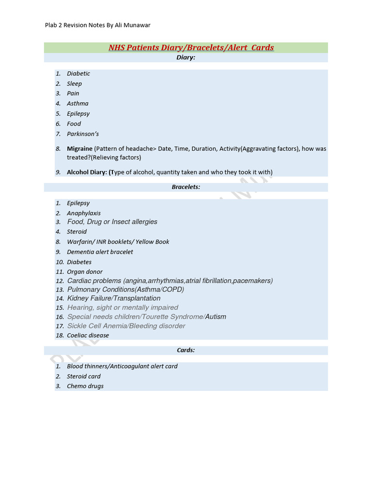 NHS Alert Cards and Patient Diaries | PDF