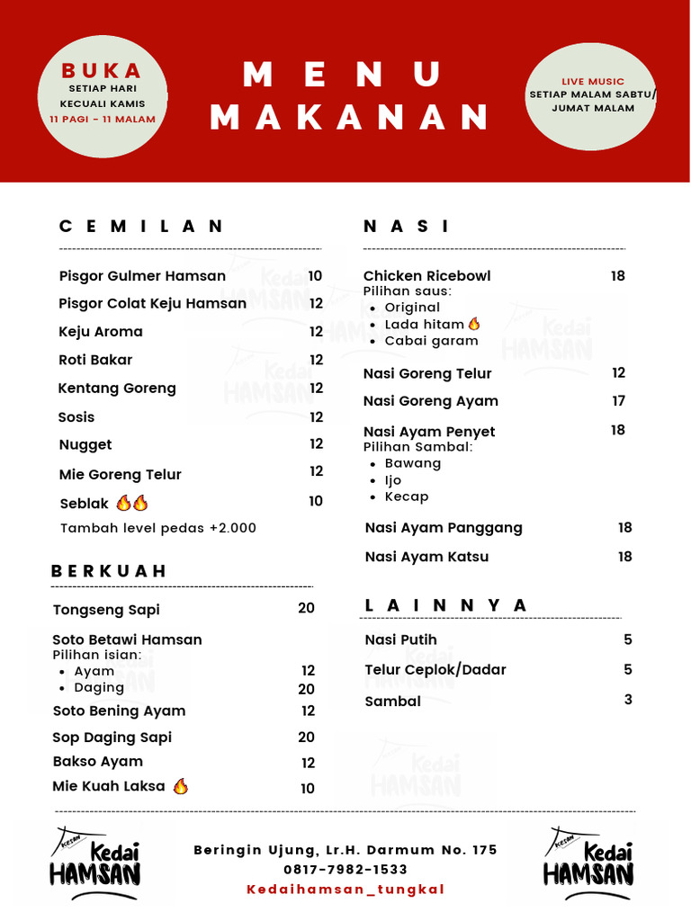 Menu Kedai Hamsan: Makanan Modern | PDF