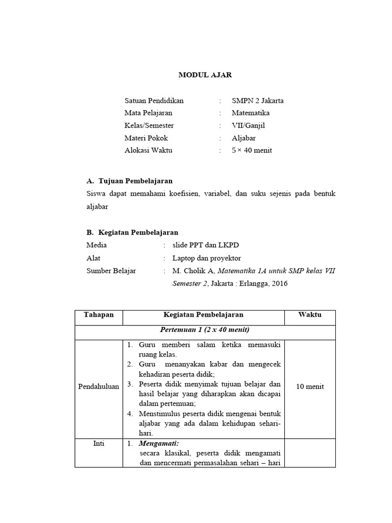 Modul Ajar 2 Koefisien, Variabel, Suku Sejenis Aljabar | PDF