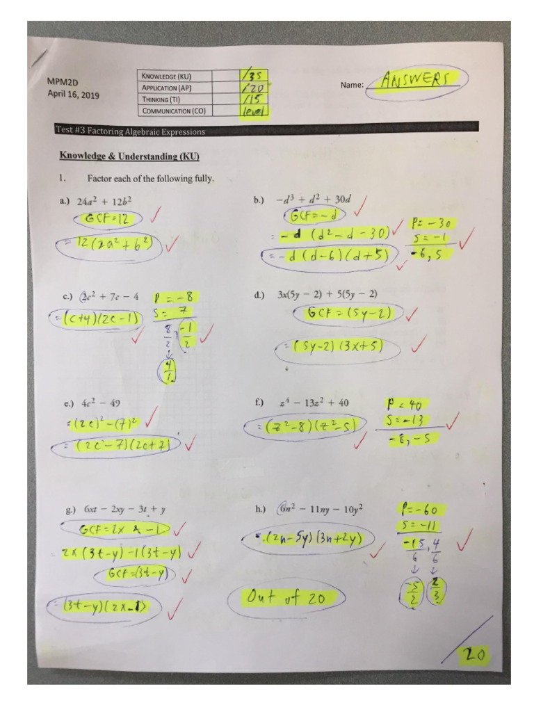 Mpm2d Factoring Algebraic Expressions Test 3 Solutions 2 | PDF