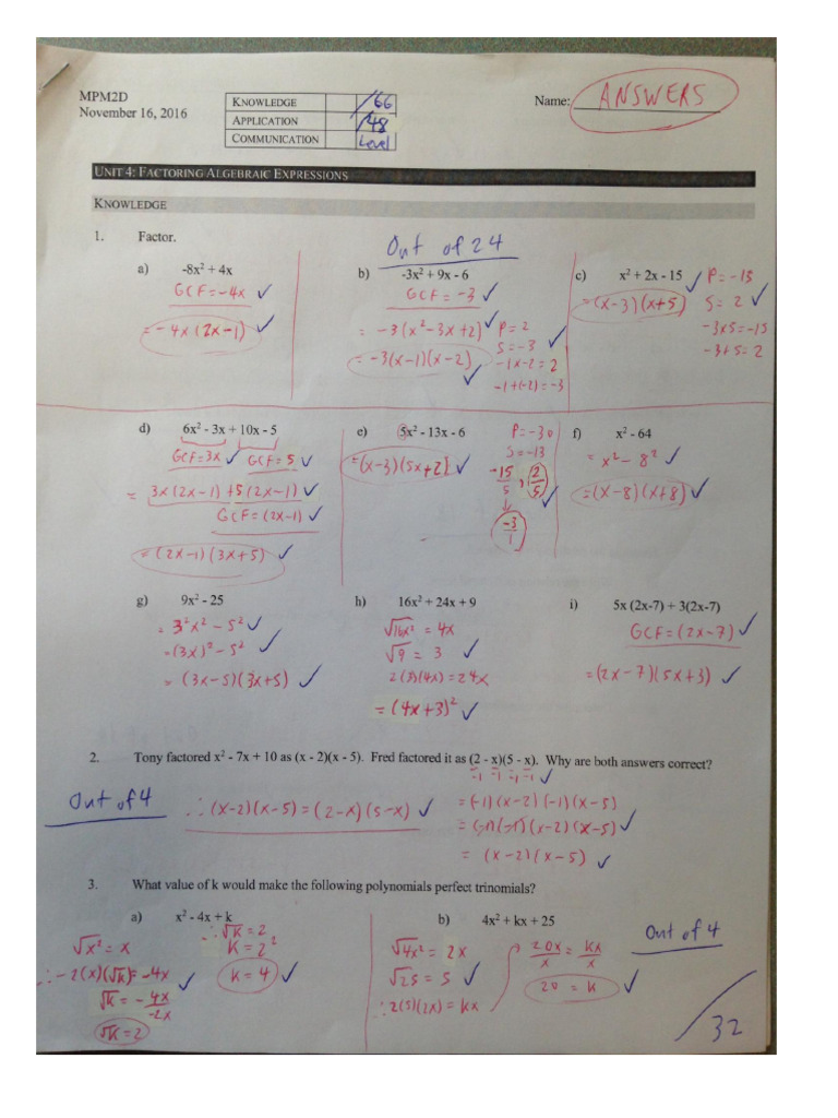 Mpm2d Test 4 Factoring Algebraic Expressions Solutions | PDF