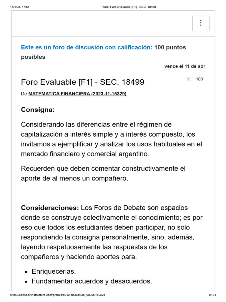 Tema - Foro Evaluable (F1) - SEC. 18499 | PDF | Interés | Interés compuesto