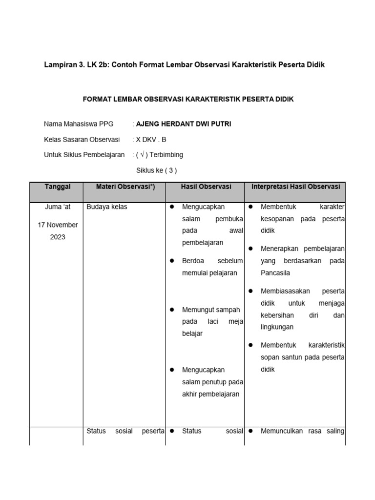 Lampiran 3 LK 2b Contoh Format Lembar Observasi Karakteristik Peserta | PDF