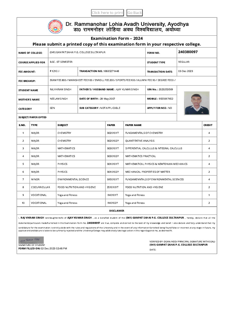 Examination Form - 2024 Please Submit A Printed Copy of This ...