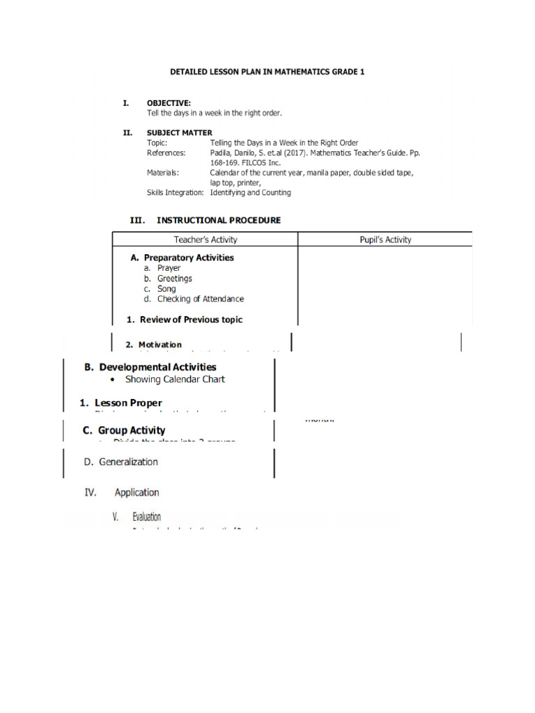 Sample Detailed Lesson Plan in Mathematics Grade I B | PDF