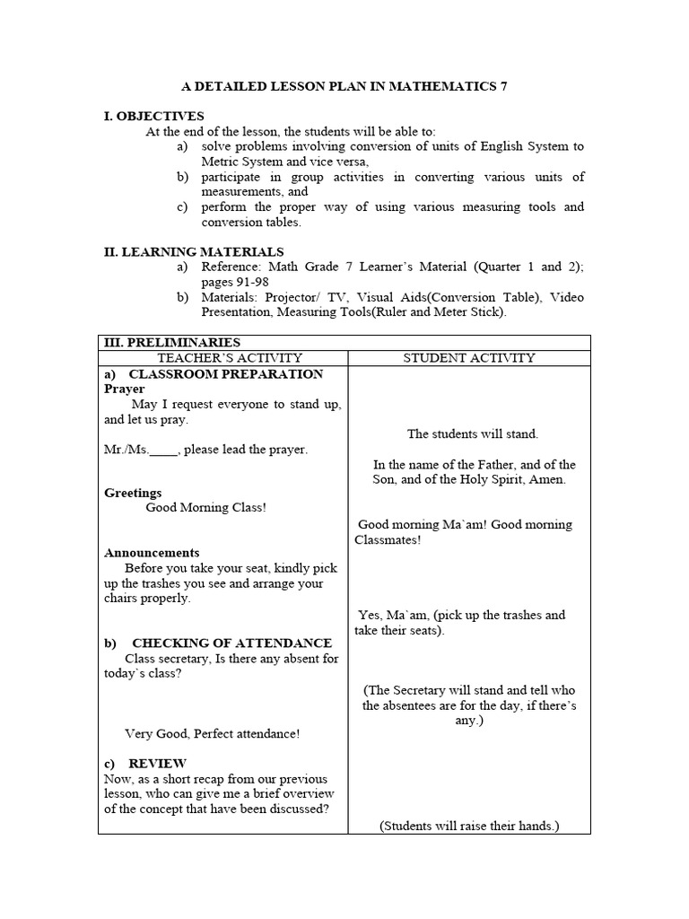 A Detailed Lesson Plan in Mathematics 7 | PDF | Measurement ...