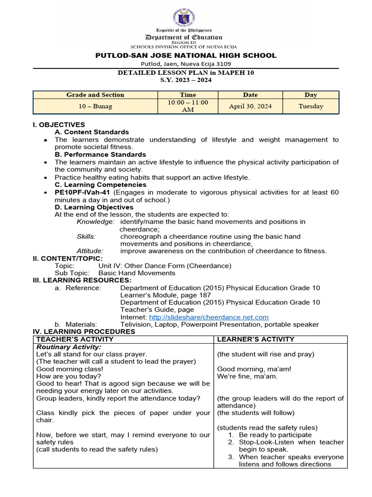 Detailed Lesson Plan in PE 10 (Demo) | PDF | Cheerleading | Physical ...