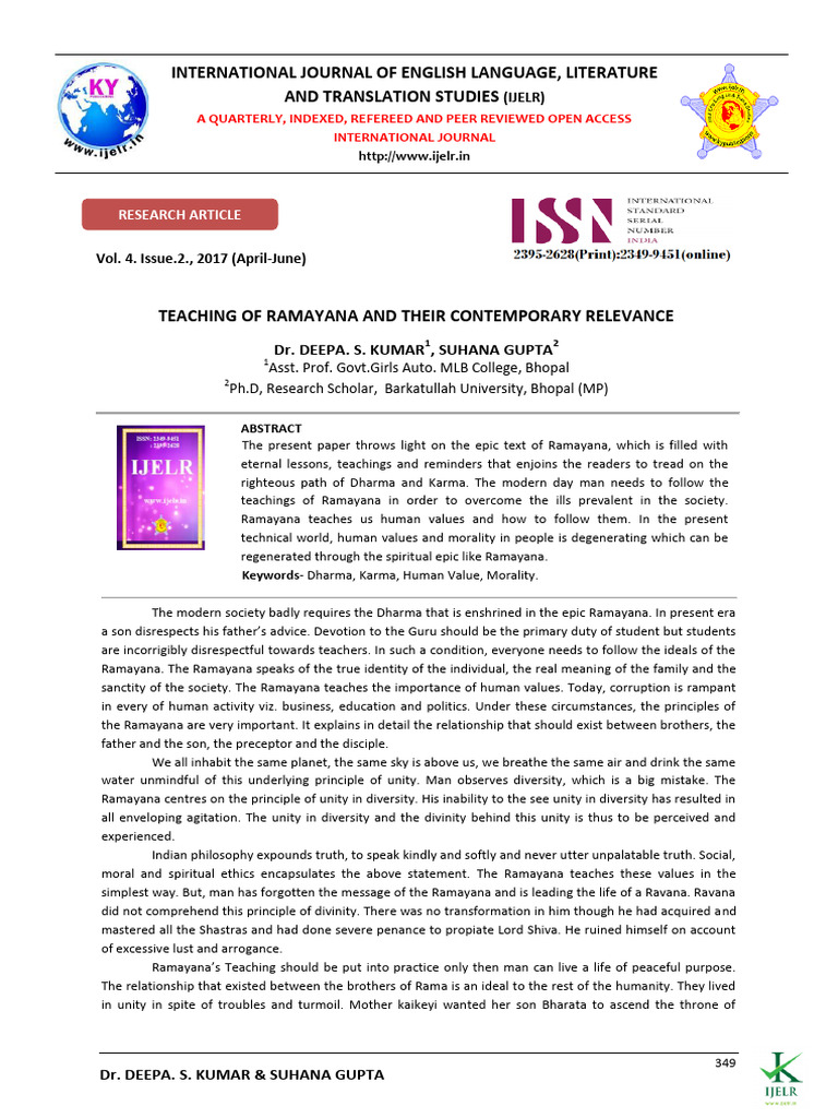 Teaching of Ramayana and Their Contemporary Relevance - Dr. Deepa Kumar ...