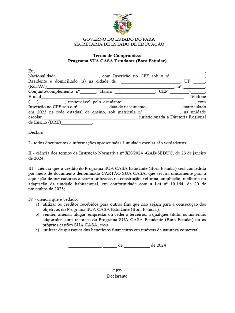 Modelo - Termo de Compromisso - Bora Estudar | PDF