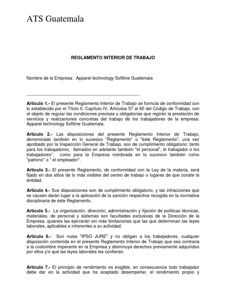 Reglamento - Interior - de - Trabajo Ats Guatemala | PDF | Salario | Derecho laboral