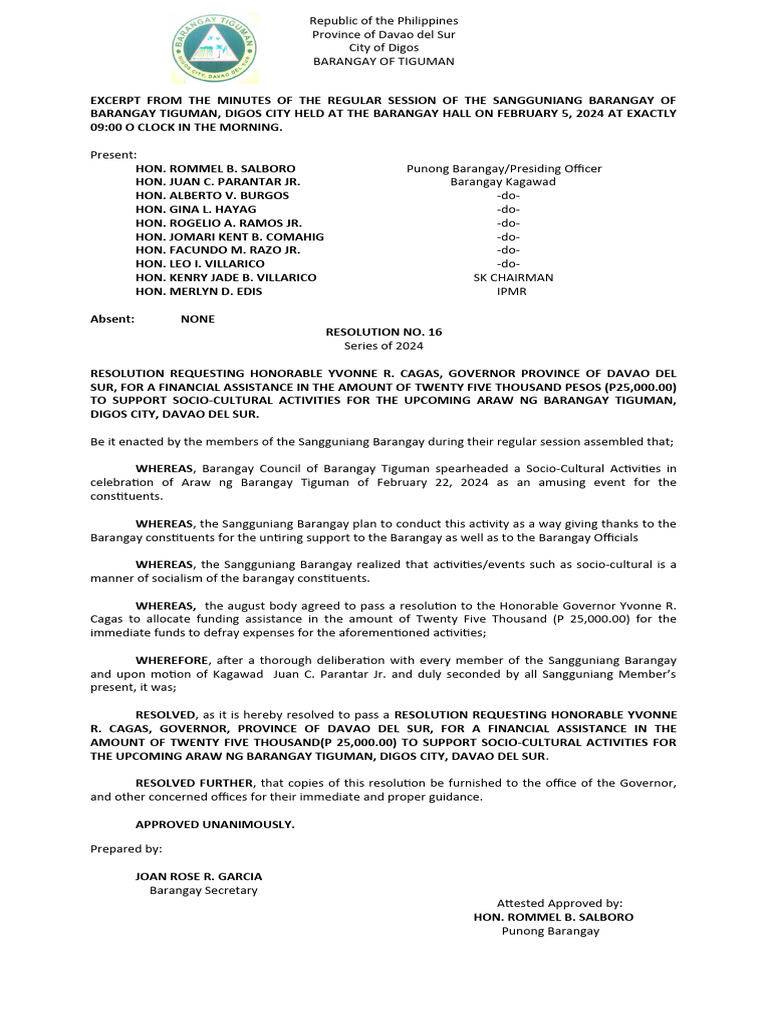 Request for Financial Aid for Araw ng Barangay | PDF | Philippines