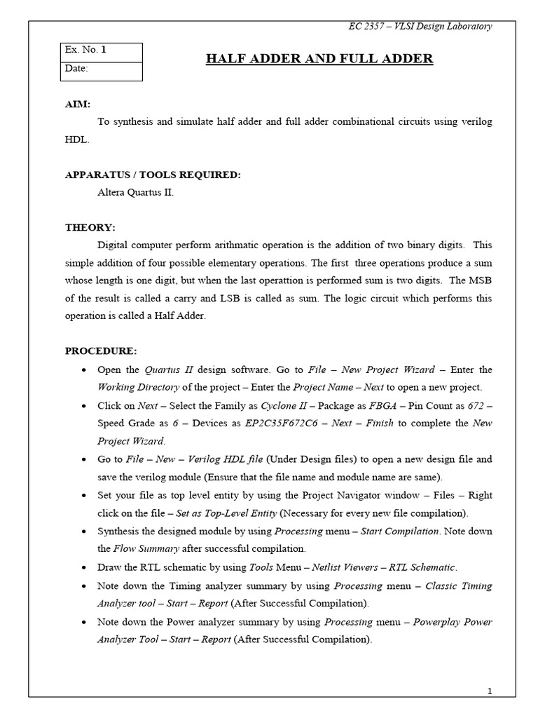 VLSI Design: Half & Full Adders | PDF | Hardware Description Language ...