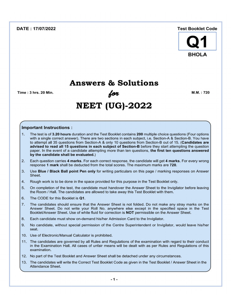 NEET - 2022 Question Paper | PDF