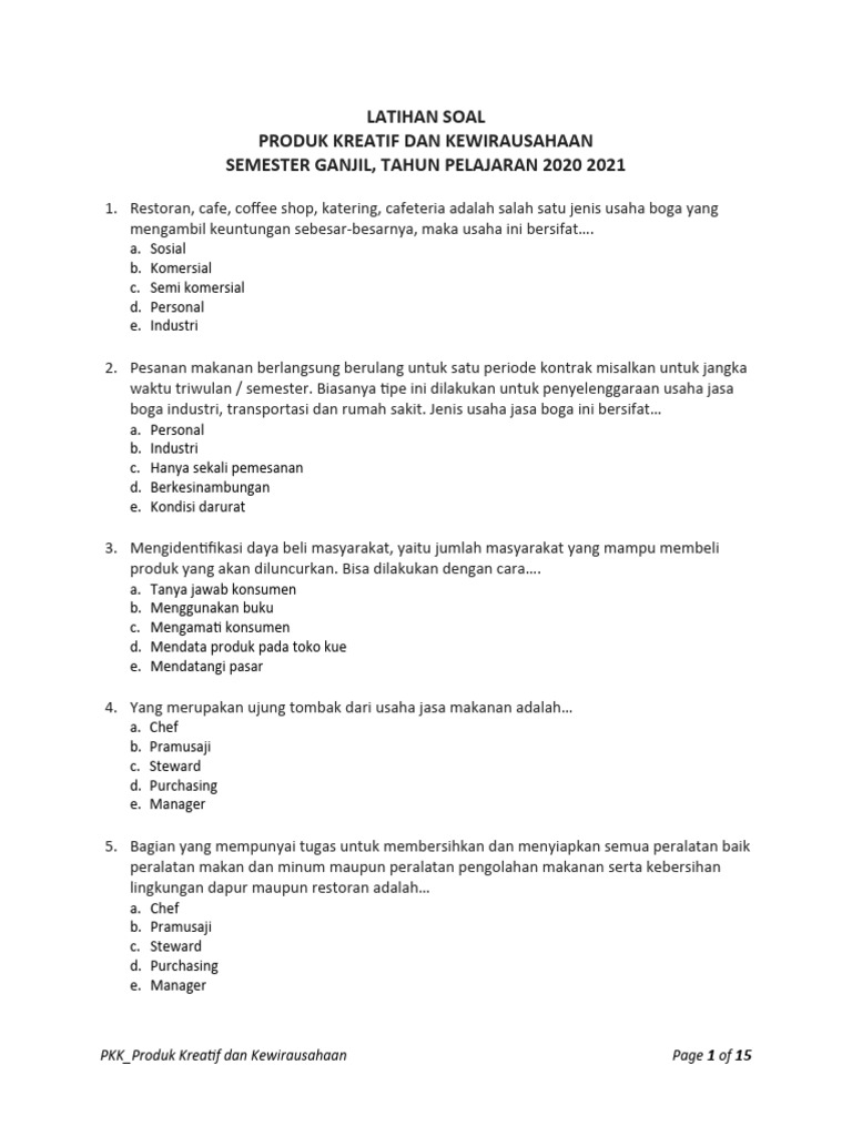 Latihan Soal PKK Kelas Xii Boga | PDF | Bisnis