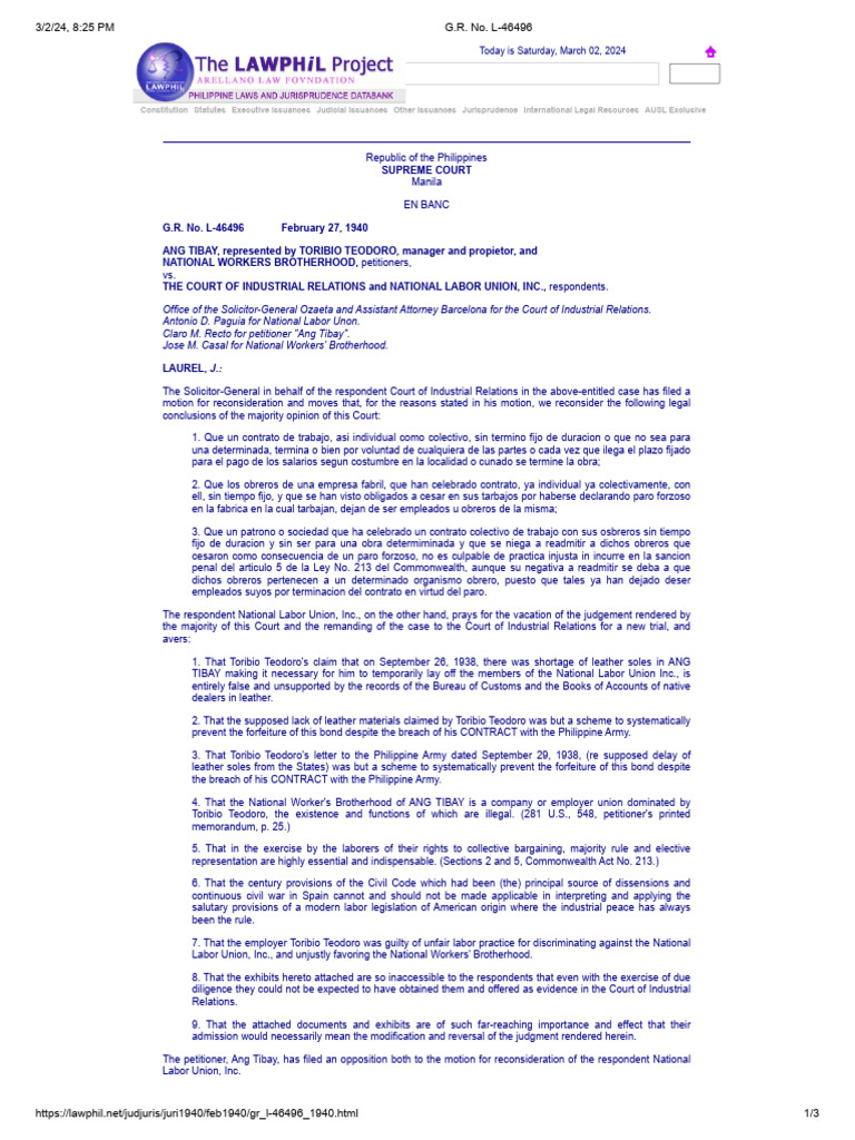 Ang Tibay vs. Court of Industrial Relations | PDF | Employment | Equity ...