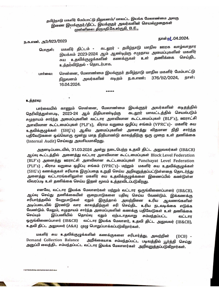 SHG Audit Schedule - Cuddalore District | PDF