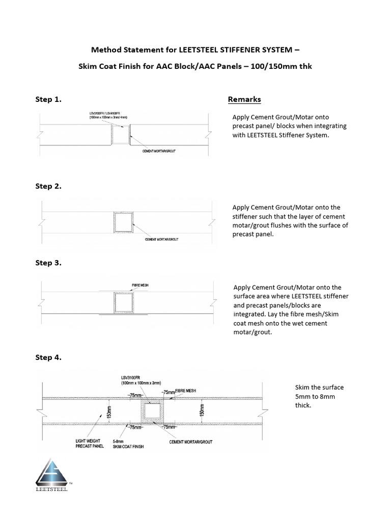 Method Statement for LEETSTEEL STIFFENER SYSTEM AAC 150mm & 200mm | PDF | Building Materials ...