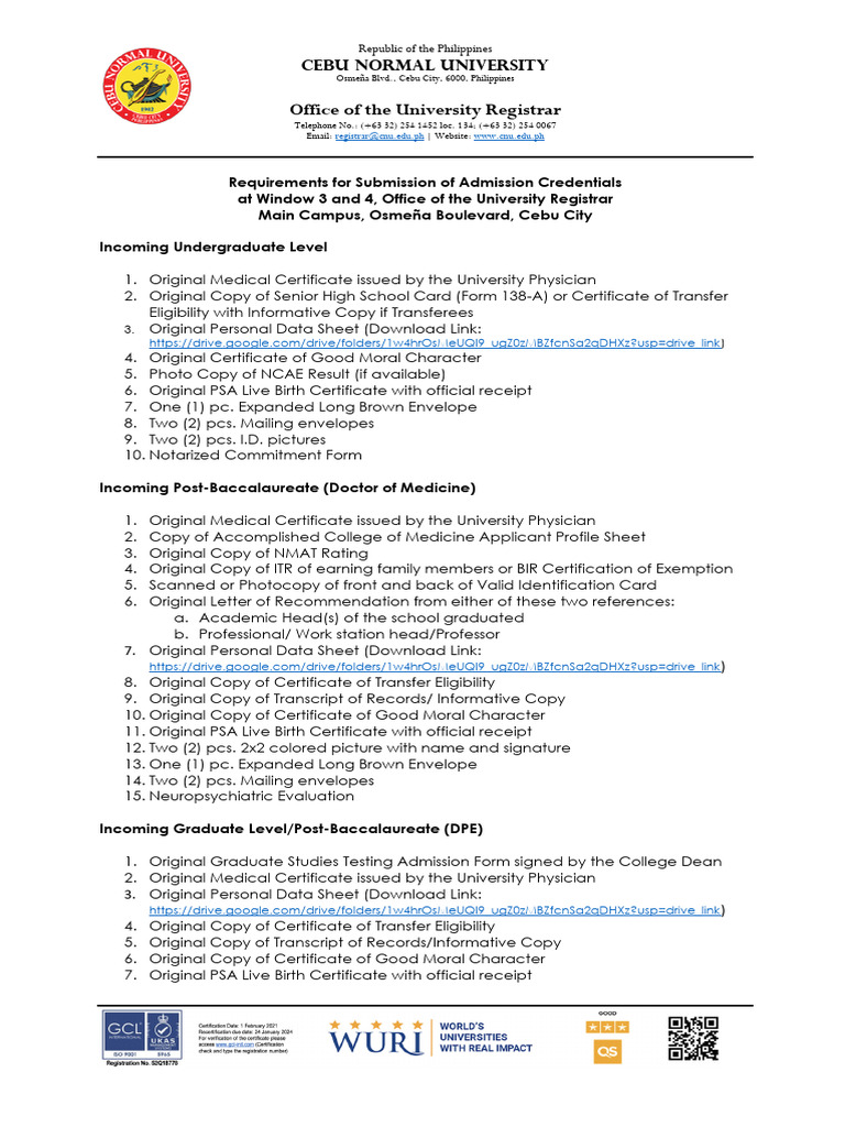 Requirements For Submission of Admission Credentials in The Registrars ...