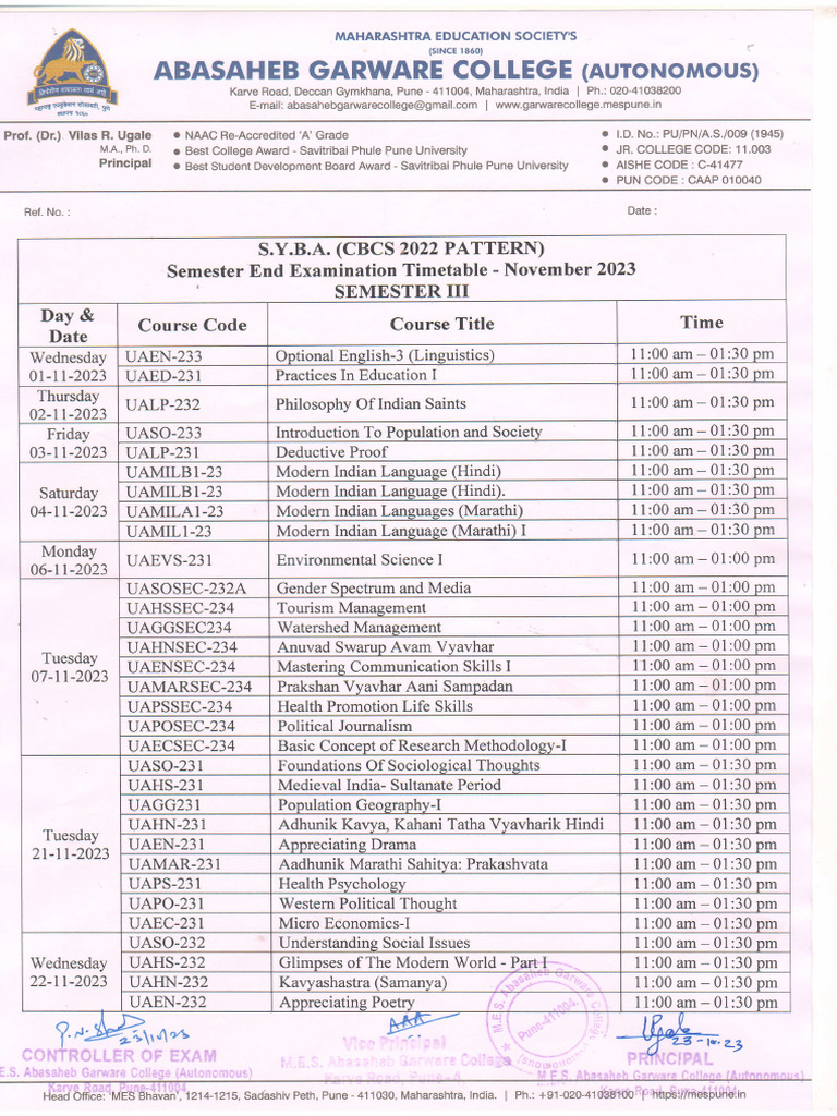 Sem End Exam Time Table Cbcs 2022 Pattern Oct Nov 2023 Pdf South Asia