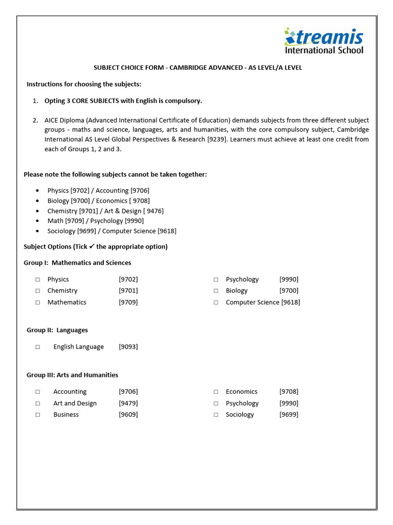 AS Level Subject Choice Form | PDF | Science | Mathematics