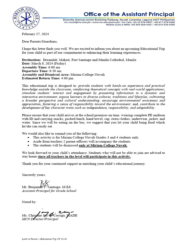 Educational Trip Letter for Grades 3 and 4 | PDF | Learning | Human ...