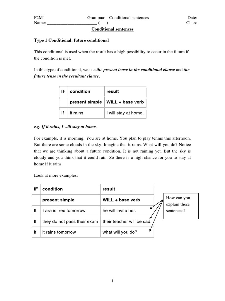 Conditionals Type 1 Notes | PDF | Sentence (Linguistics) | Syntax