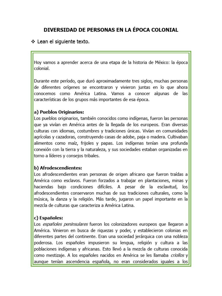 Diversidad de Personas en La Época Colonial | PDF | Pueblos Indígenas ...