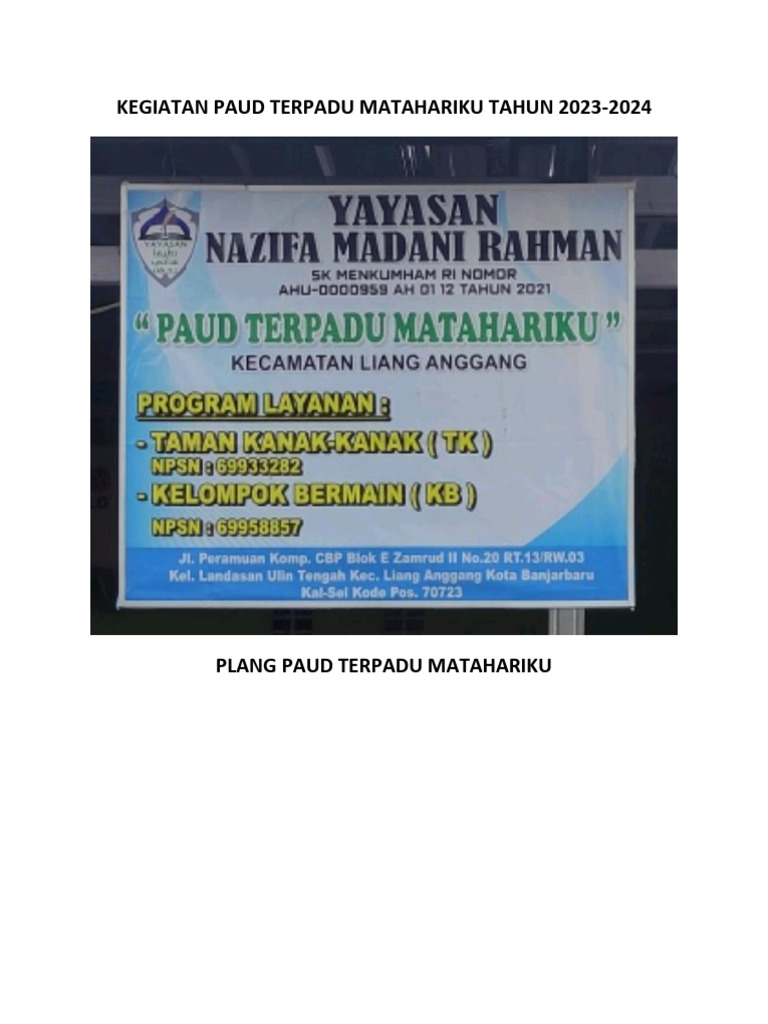 Kegiatan Paud Terpadu Matahariku Tahun 2023 | PDF